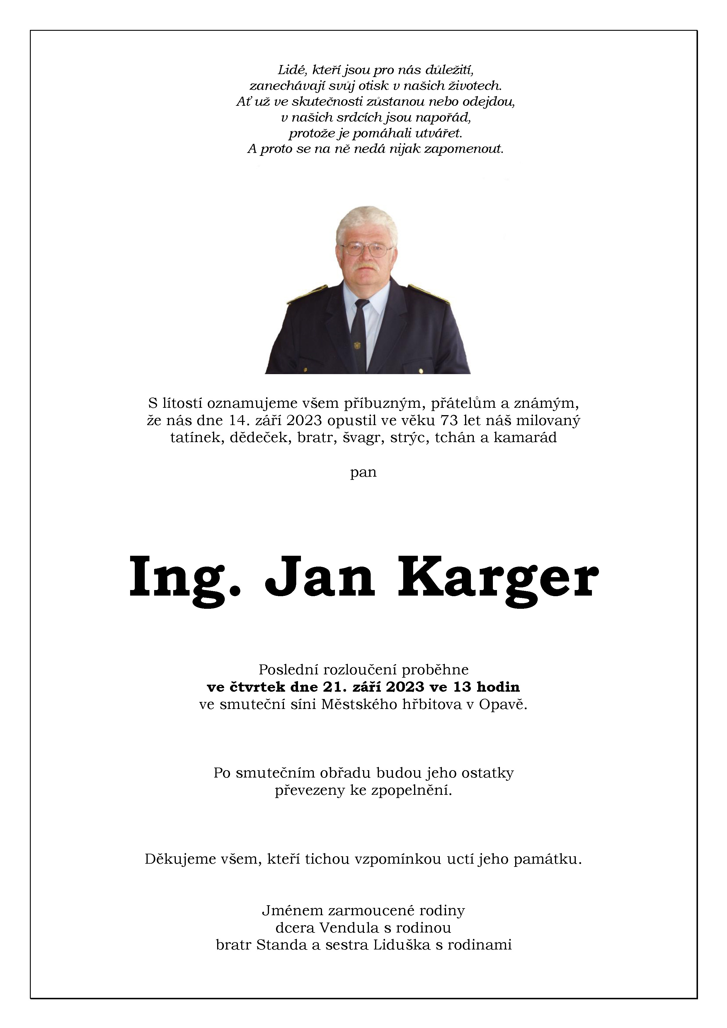Zemřel Zasloužilý hasič a bývalý ředitel ÚHŠ Jánské Koupele Jan Karger